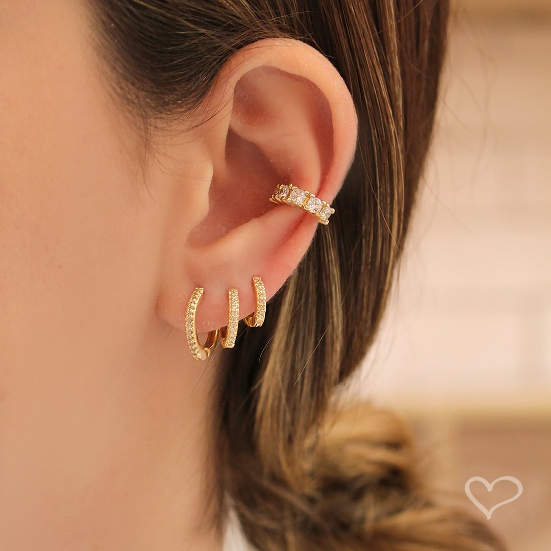 TRIO DE BRINCOS ARGOLINHA KEL ZIRCÔNIAS FOLHEADO A OURO 18K Dourado