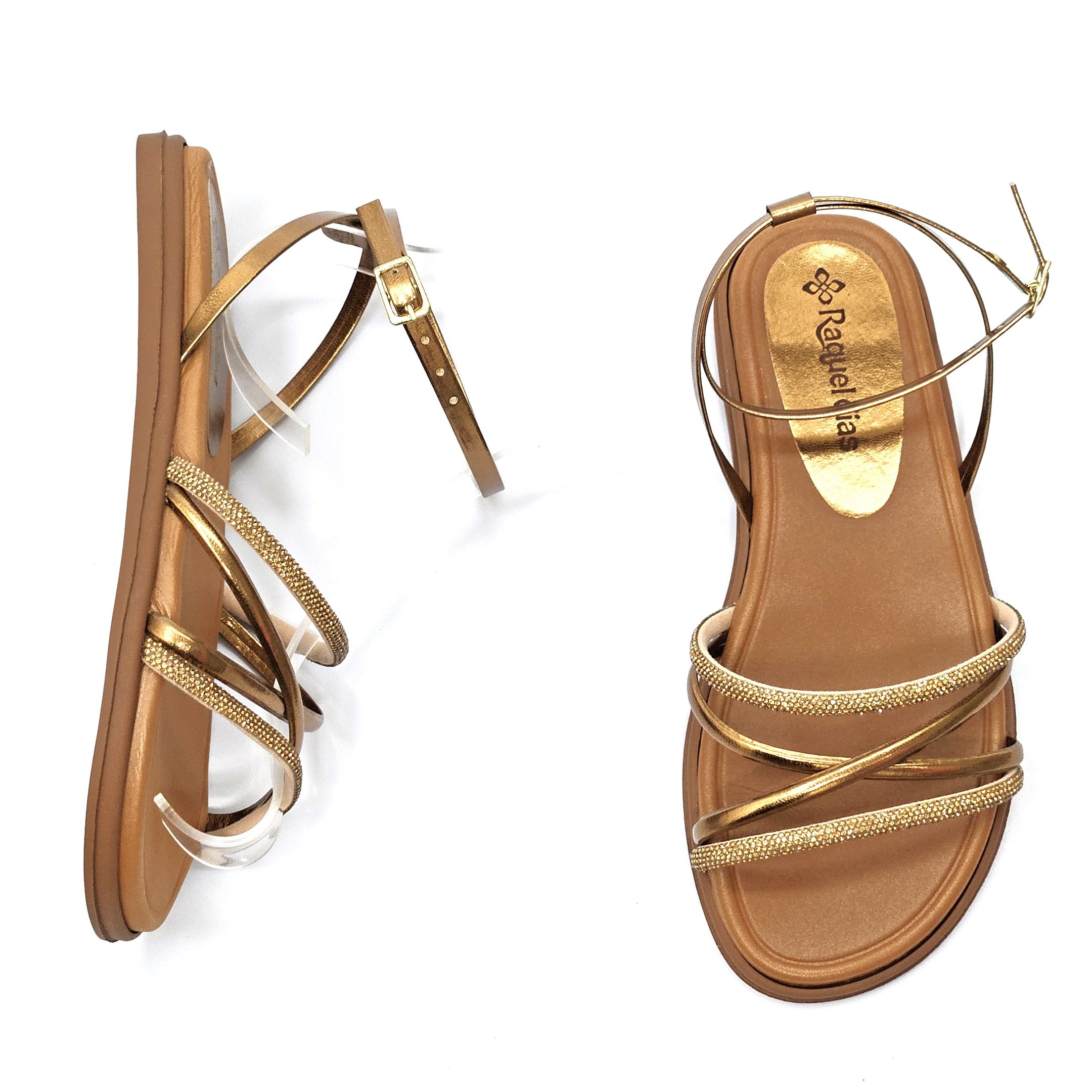 Sandália Feminina Raquel Dias Flat Tornozeleira - Bronze Marrom