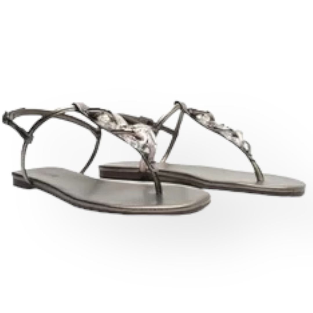 Sandália Rasteira Prateada Corrente Slim AnaCapri Feminina Prata Prata