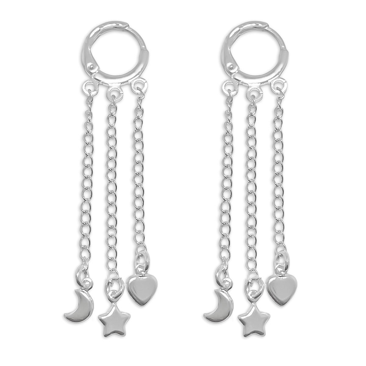 Argolinha de Encaixe Comprida Coracao Lua Estrela Banhada a Prata Prata