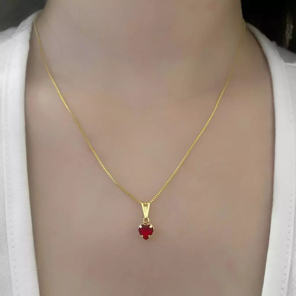 Colar Coracao Vermelho Rubi Banhado a Ouro 18K Dourado