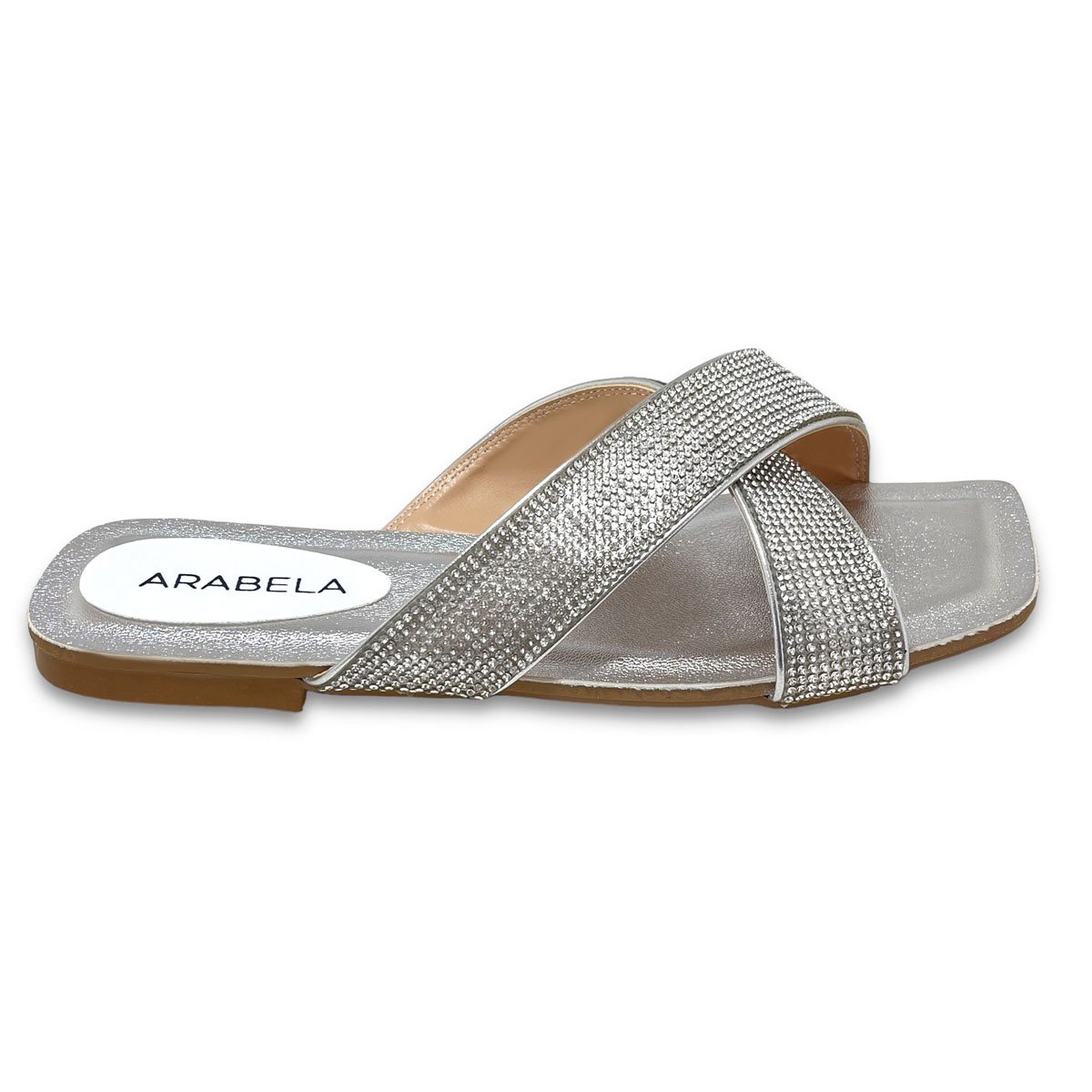 Rasteira Feminina Prata Metalizada Tiras Cruzadas Strass Prata