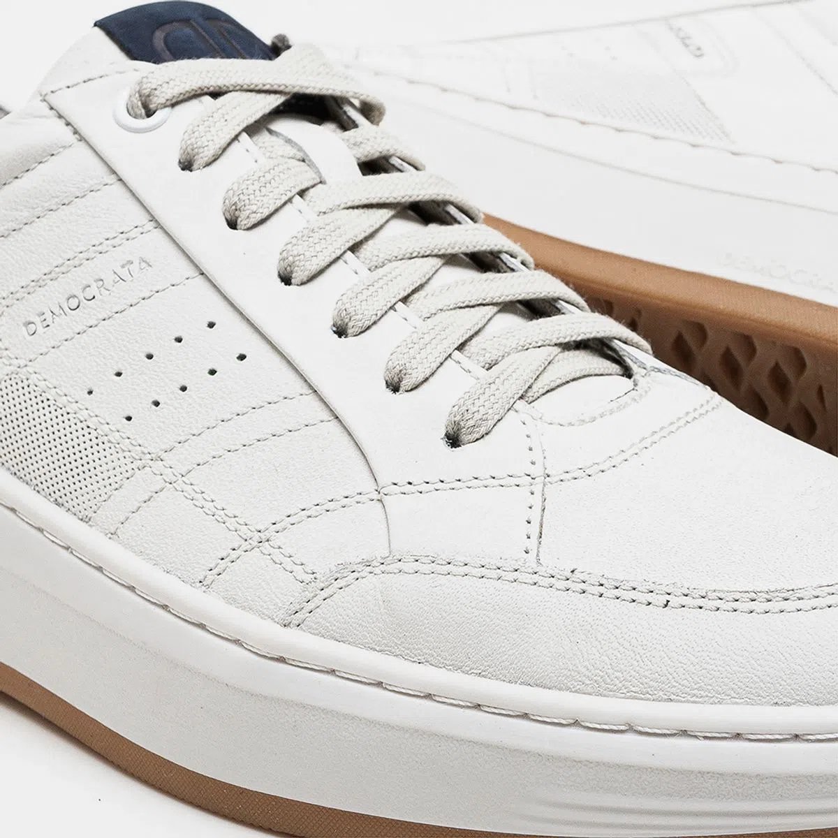 Sapatênis Democrata Denim John Couro Branco Azul Casual Multicores