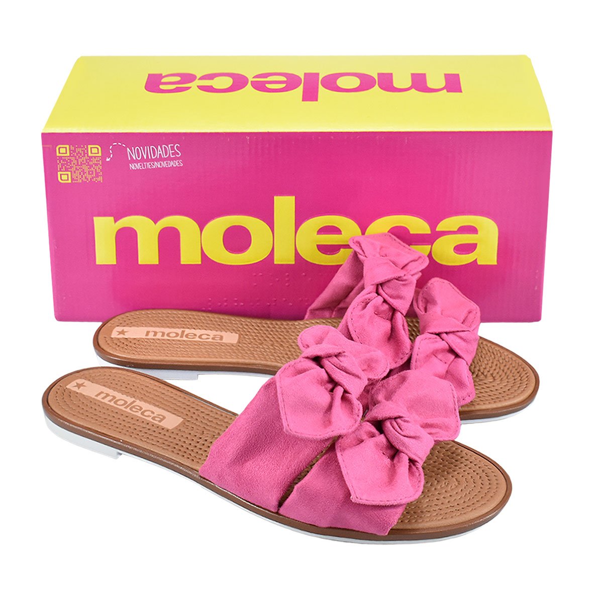 Rasteira Moleca Camurça Flex Pink Laços Feminino Conforto Rosa