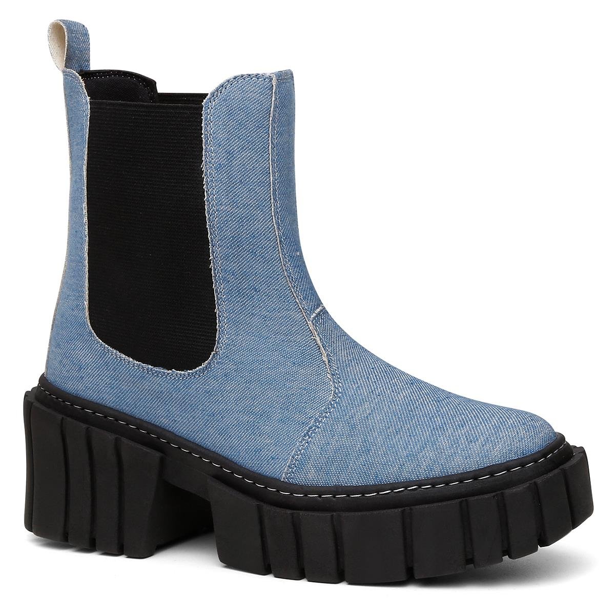 Bota Feminina Chelsea Jeans Salto Bloco Cano Médio Conforto Azul
