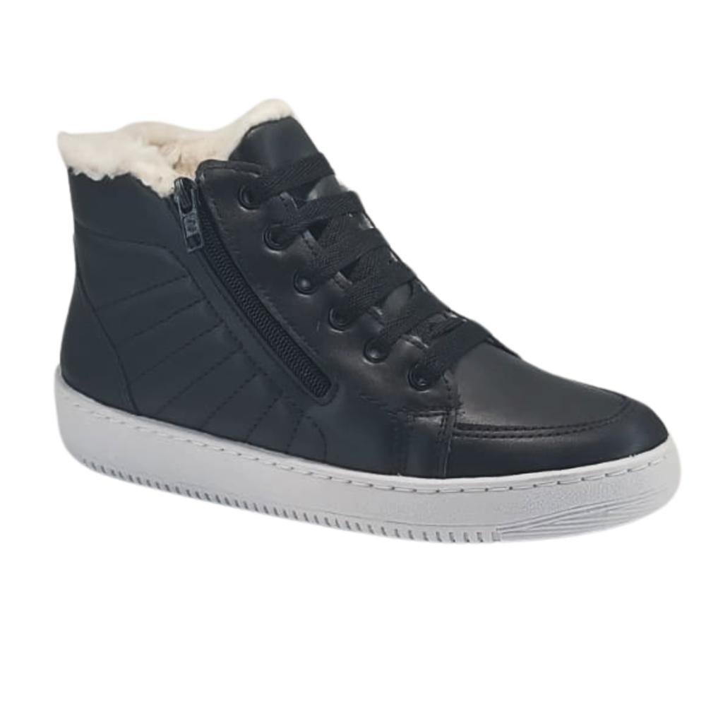 Tênis Botinha Feminino Forrada com Pelinhos Lã Confortável Dudinha Preto