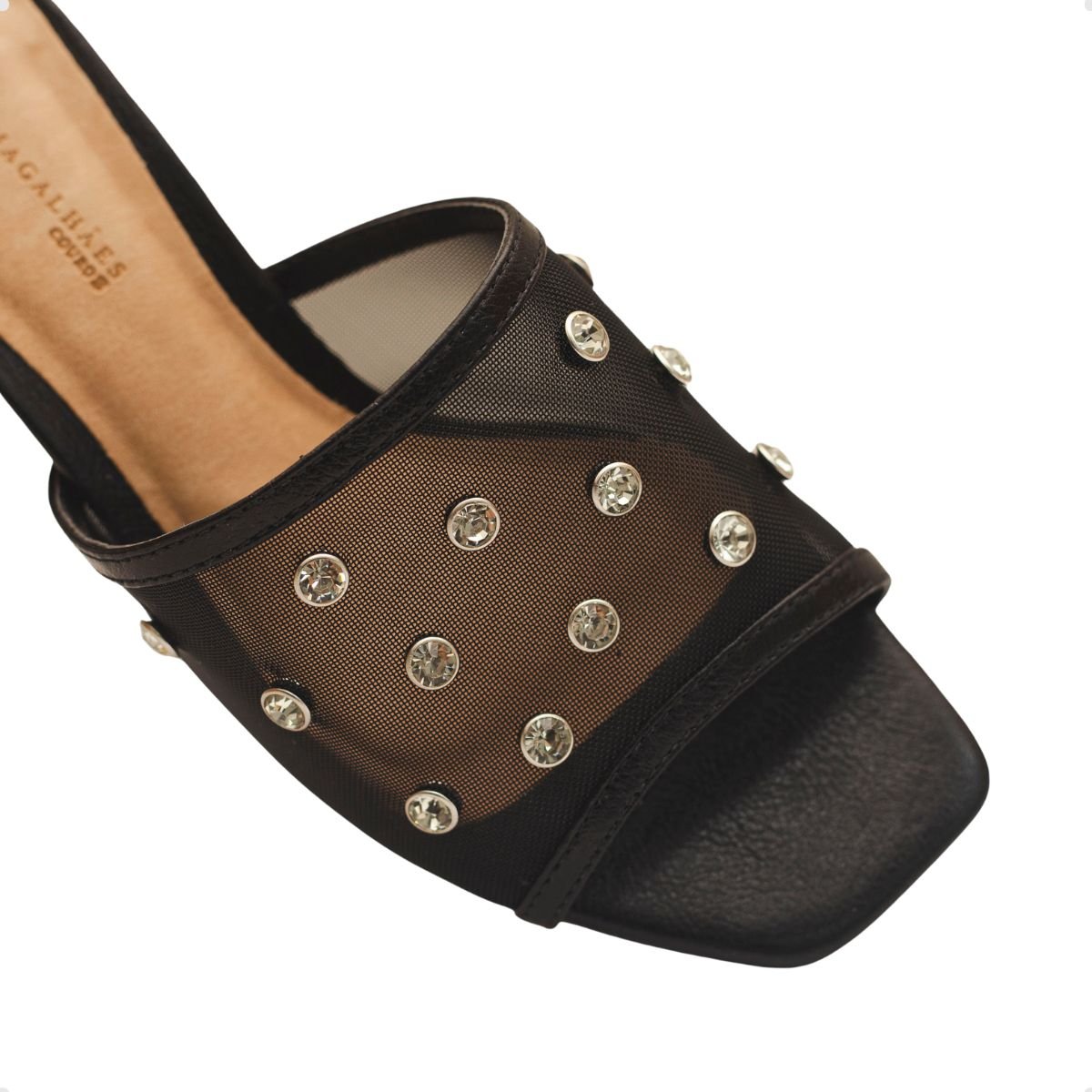 Tamanco Salto Alto Bloco Dm Celeste Couro Tela Strass Preto Preto