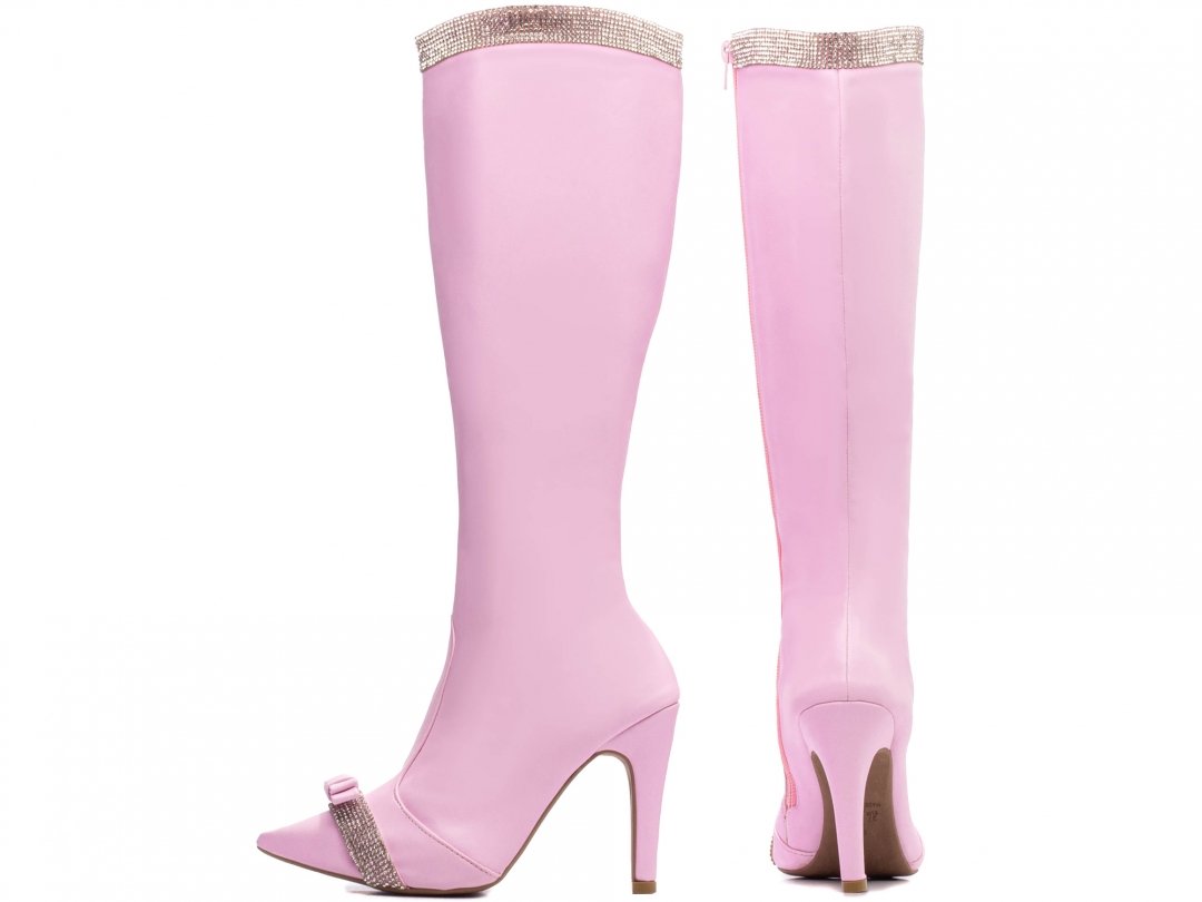 Bota Salto 10cm Bico Fino Cano Alto Luxo Elegante Rosa Rosa