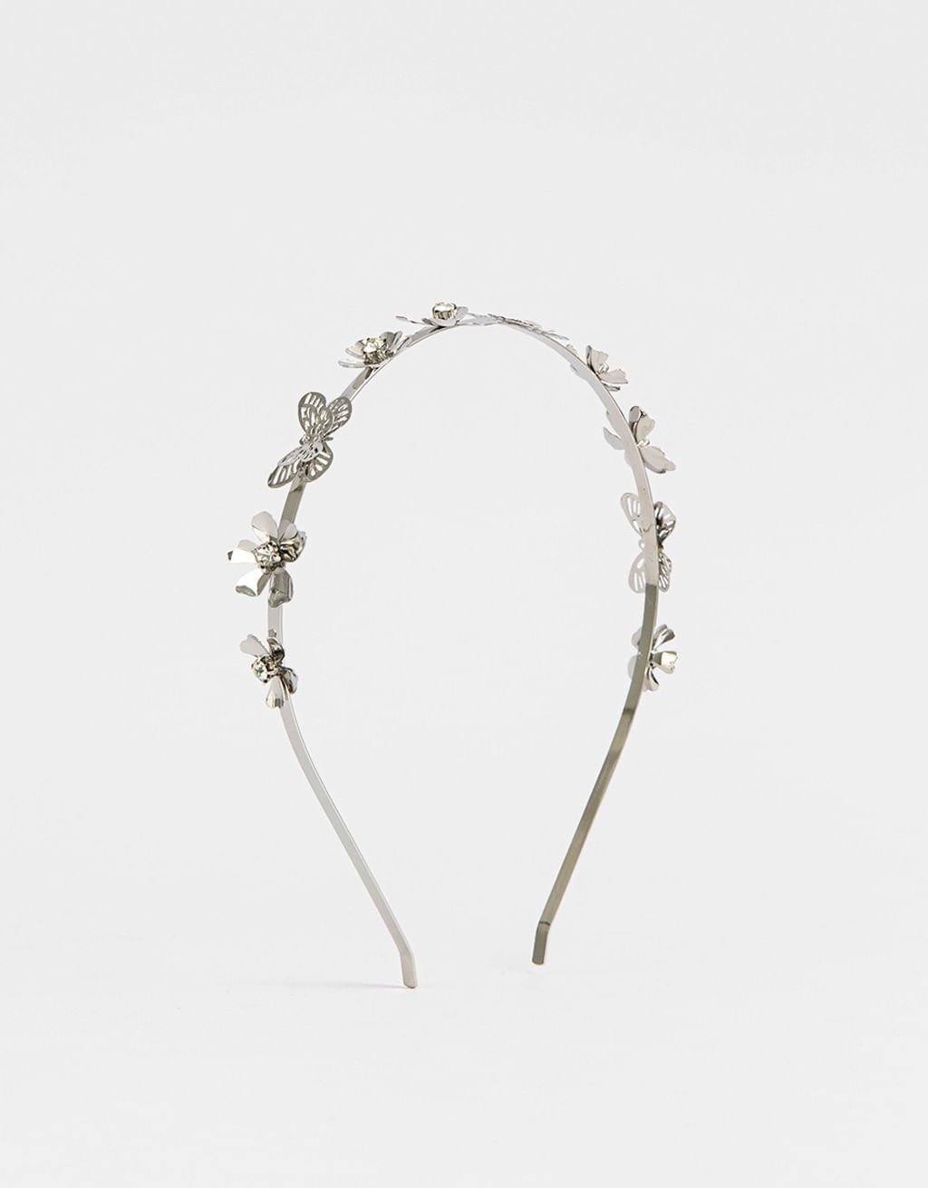 Tiara Rígida Prateada de Flores e Borboletas Romantic Prata