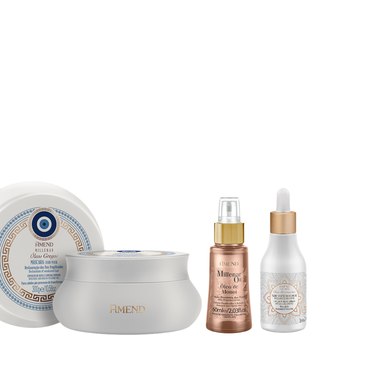 Amend Millenar Óleos Gregos Masc 300ml + Óleo Elixir Nutritivo 75ml + Millenar Oil Monói 60ml ÚNICO