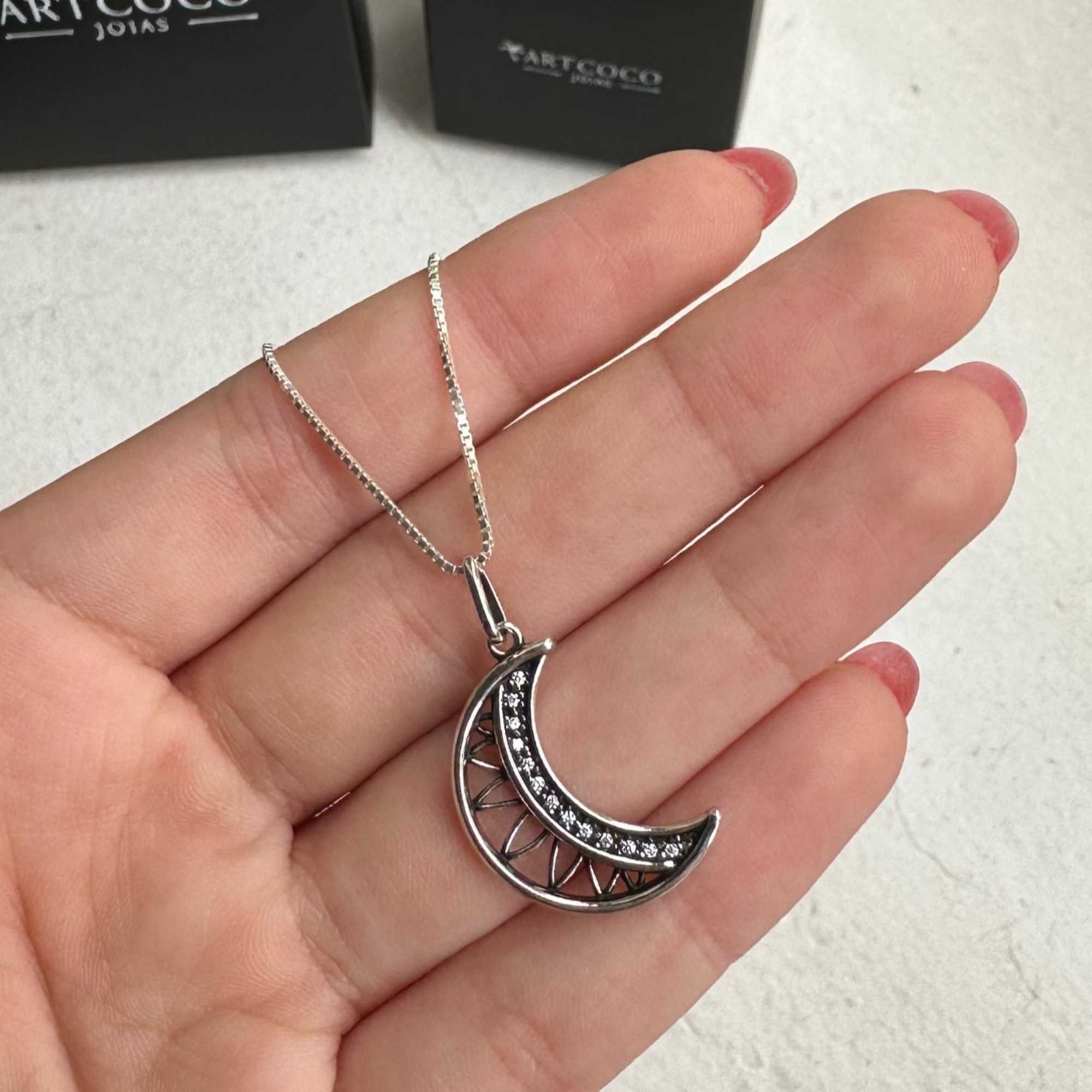 Colar Prata 925 Longo Meia Lua Zircônia G Prata