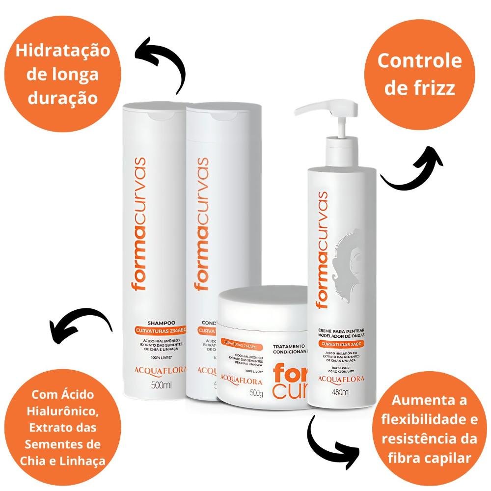 Kit Acquaflora Forma Curvas: Shampoo, Condicionador, Tratamento e Creme Modelador Ondas ÚNICO