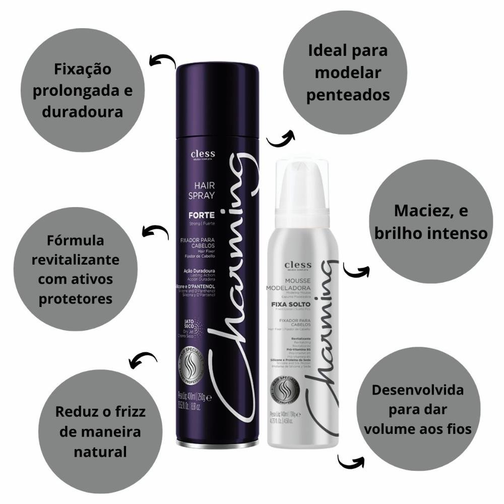 Kit Cless Charming Hair Spray Forte + Mousse Fixa Solto ÚNICO