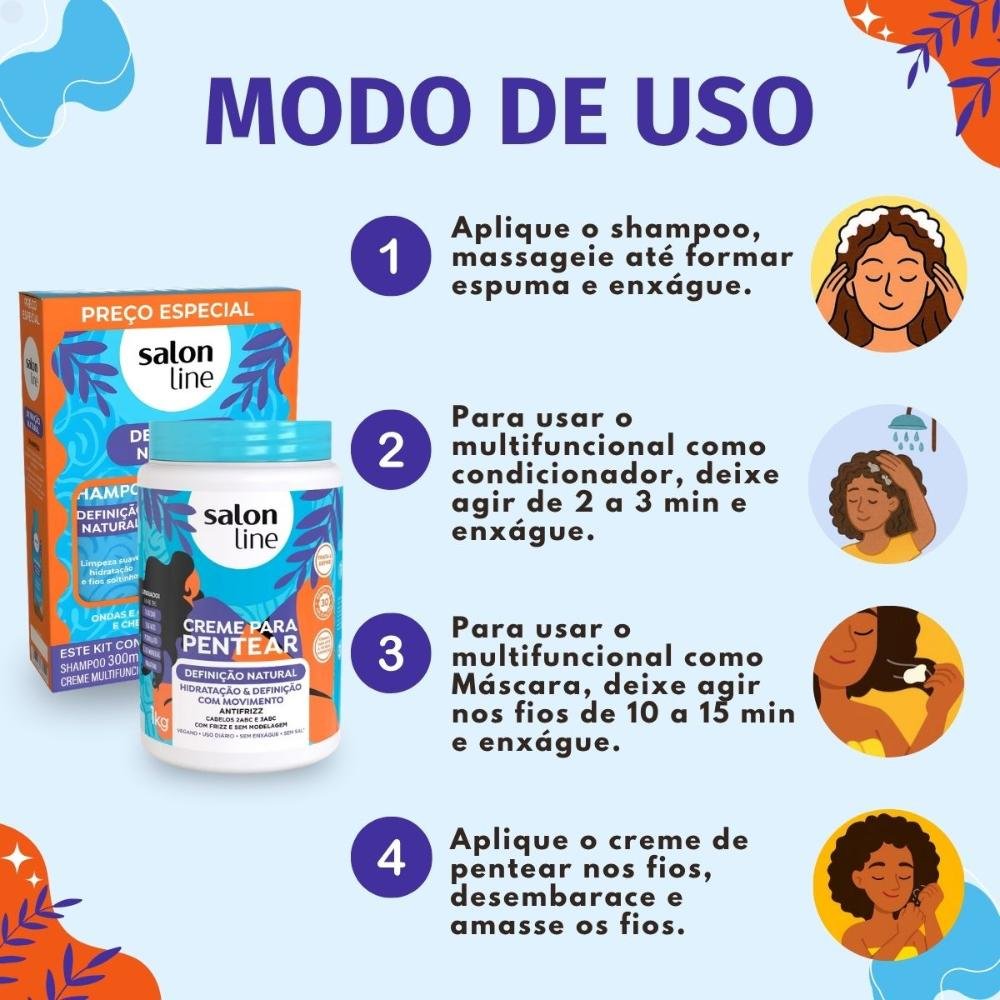 Kit Salon Line Definição Natural: Shampoo, Creme Multifuncional 300ml e ...