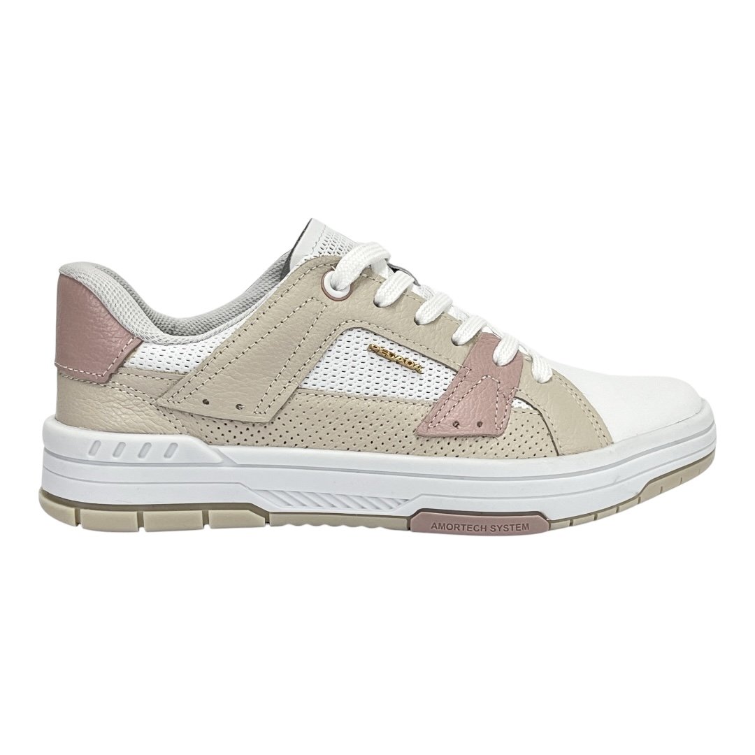 Tênis Pegada Feminino London em Couro 212603 Branco/Linho/Rosa Branco