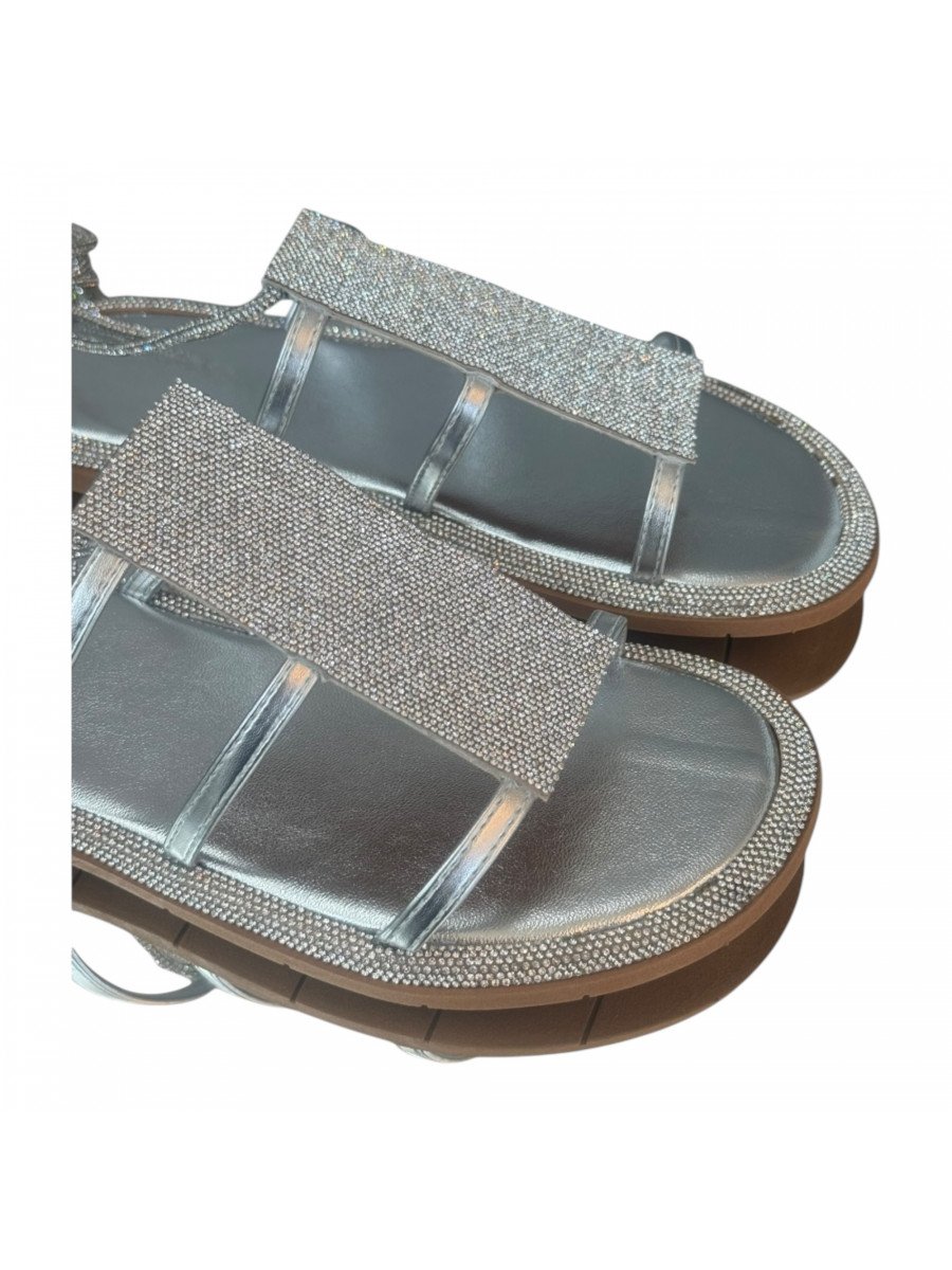 Rasteira Prata metalizada com Brilho Strass e amarração Prata