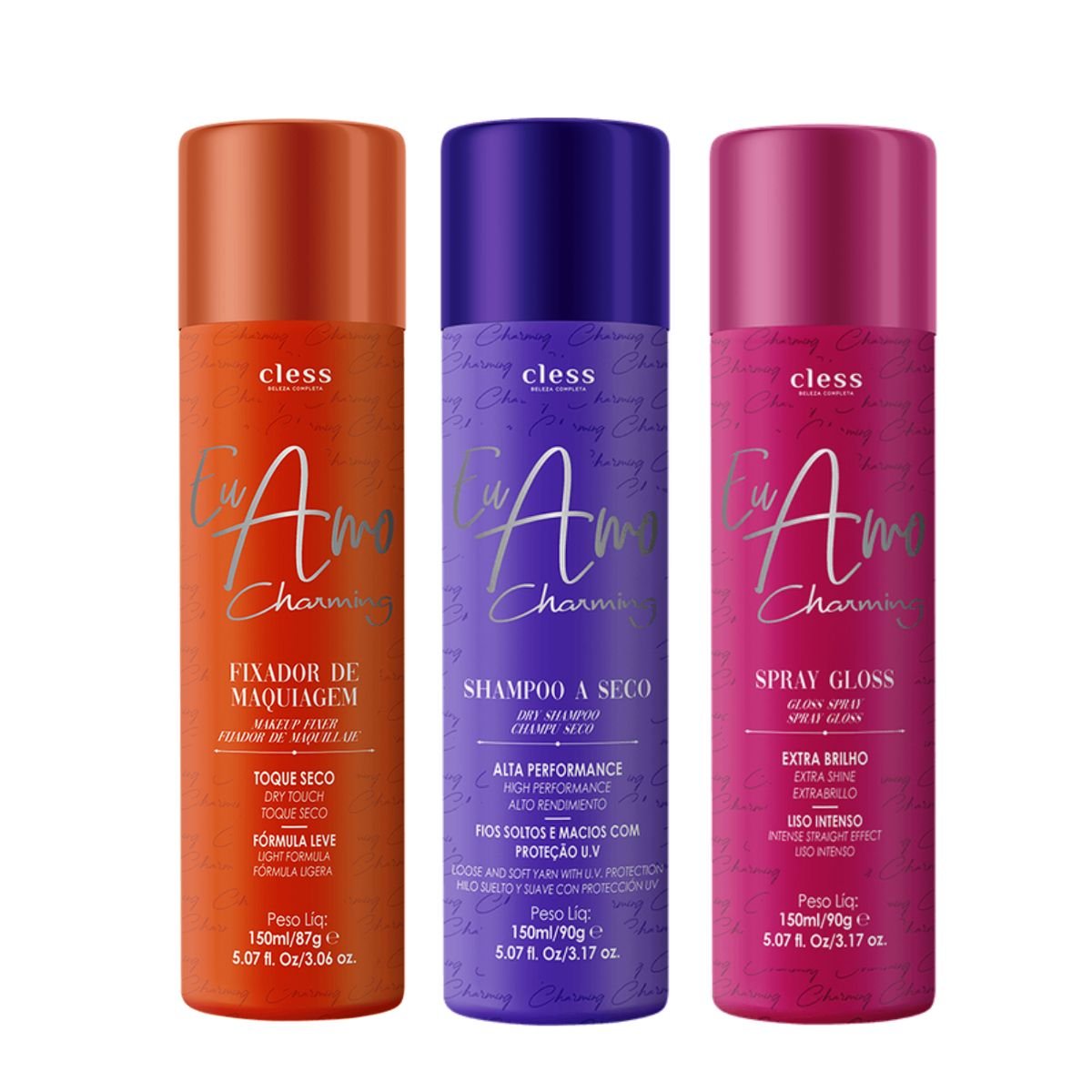 Kit Shampoo a seco + Fixador de maquiagem + Spray Gloss Eu Amo Charming ...
