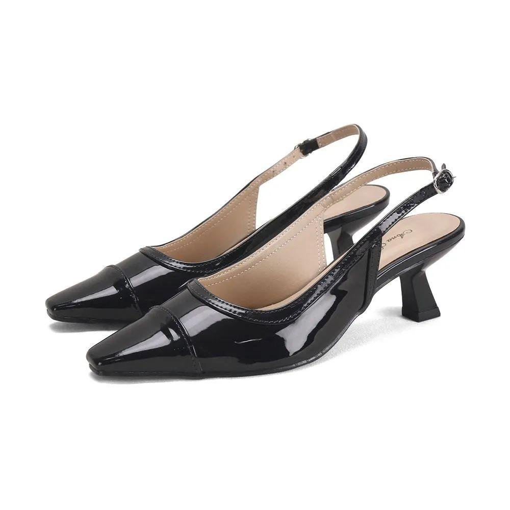 Scarpin Slingback Verniz Preta Ana Mello Elegância Casual Preto