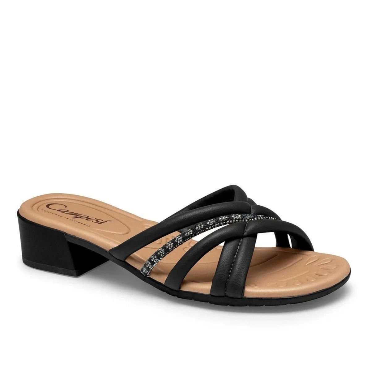 amanco Campesi Casual Tiras Finas Salto Baixo Bloco Conforto Preto ...