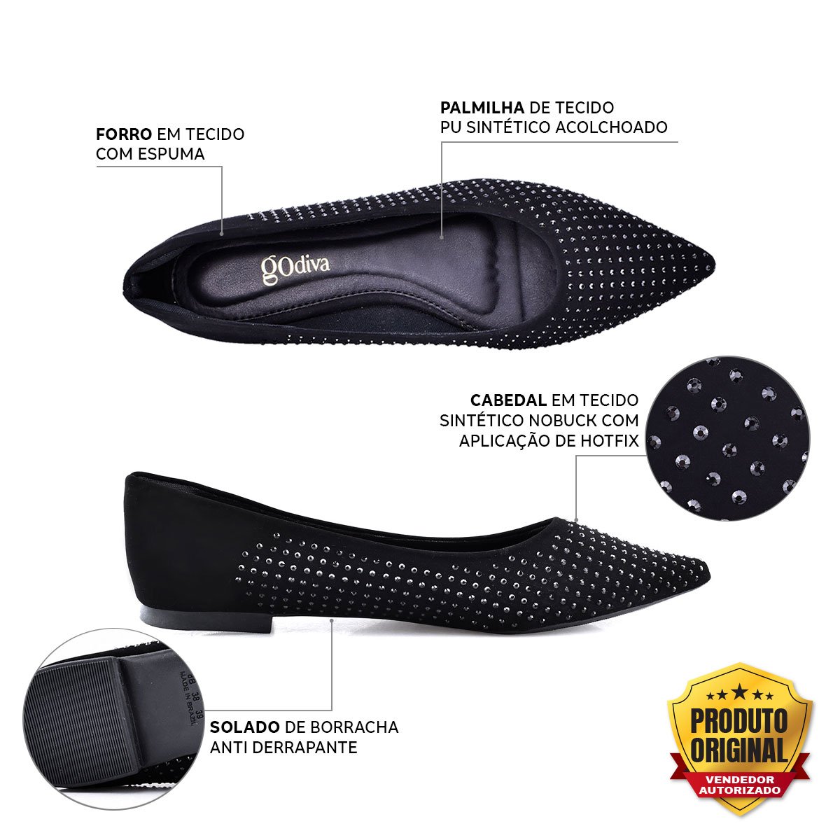 Sapatilha Bico Fino Hotfix Preto Godiva Nobuck Preto 331570 Preto