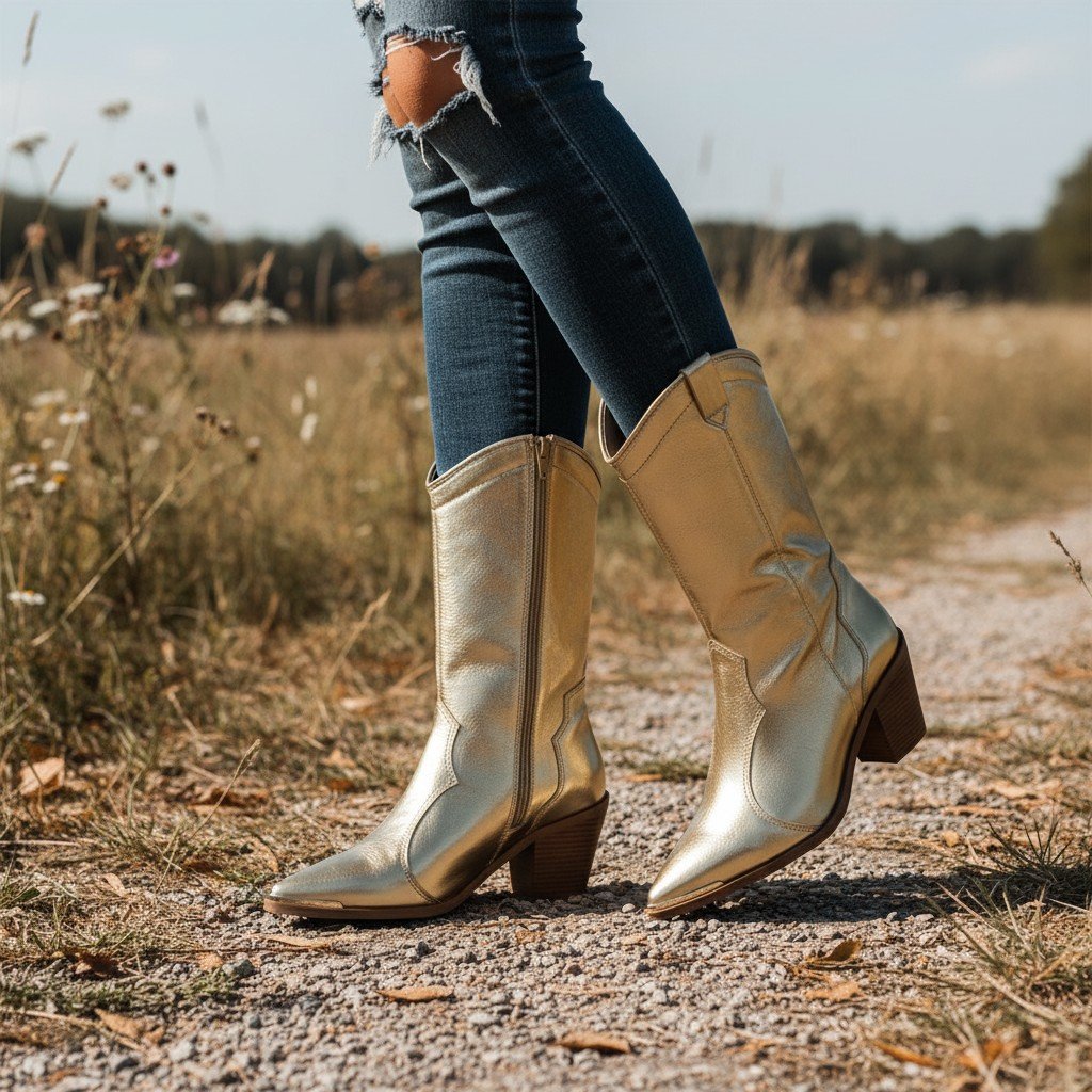 Bota Moleca Dourada Bico Fino Salto Bloco Feminino Dourado