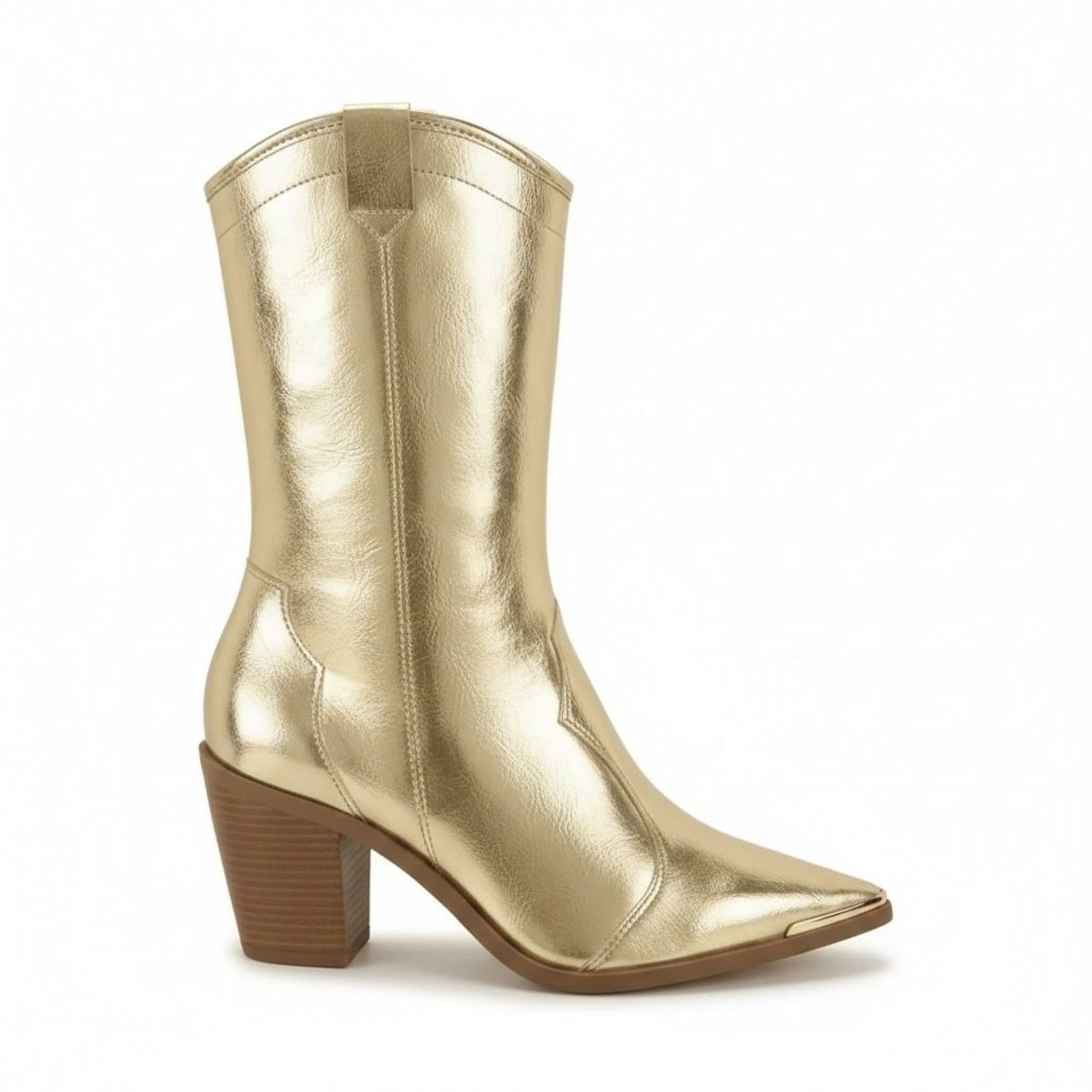 Bota Moleca Dourada Bico Fino Salto Bloco Feminino Dourado