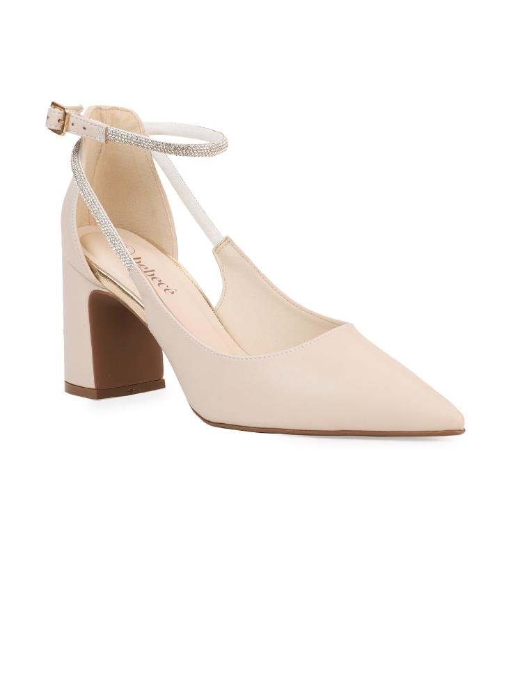 Scarpin Bebecê Salto Alto Bloco Detalhe Strass e Fivela Palmilha Comfy Bege