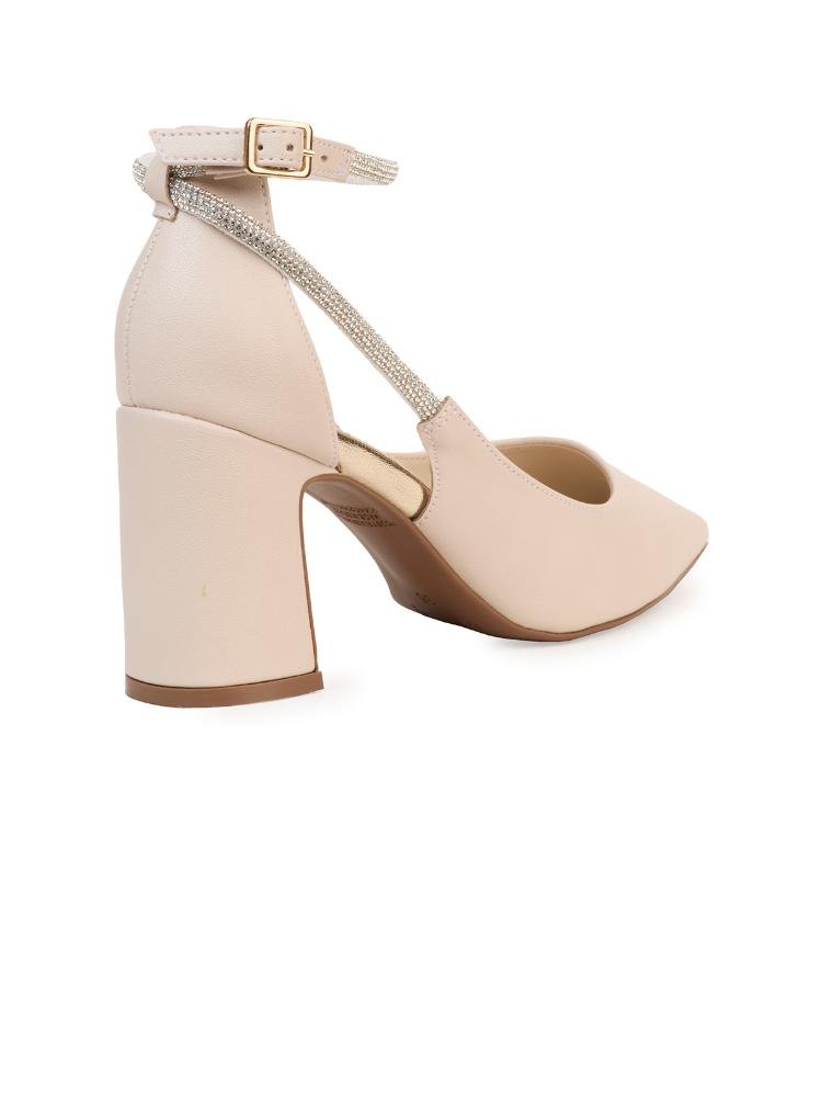 Scarpin Bebecê Salto Alto Bloco Detalhe Strass e Fivela Palmilha Comfy Bege